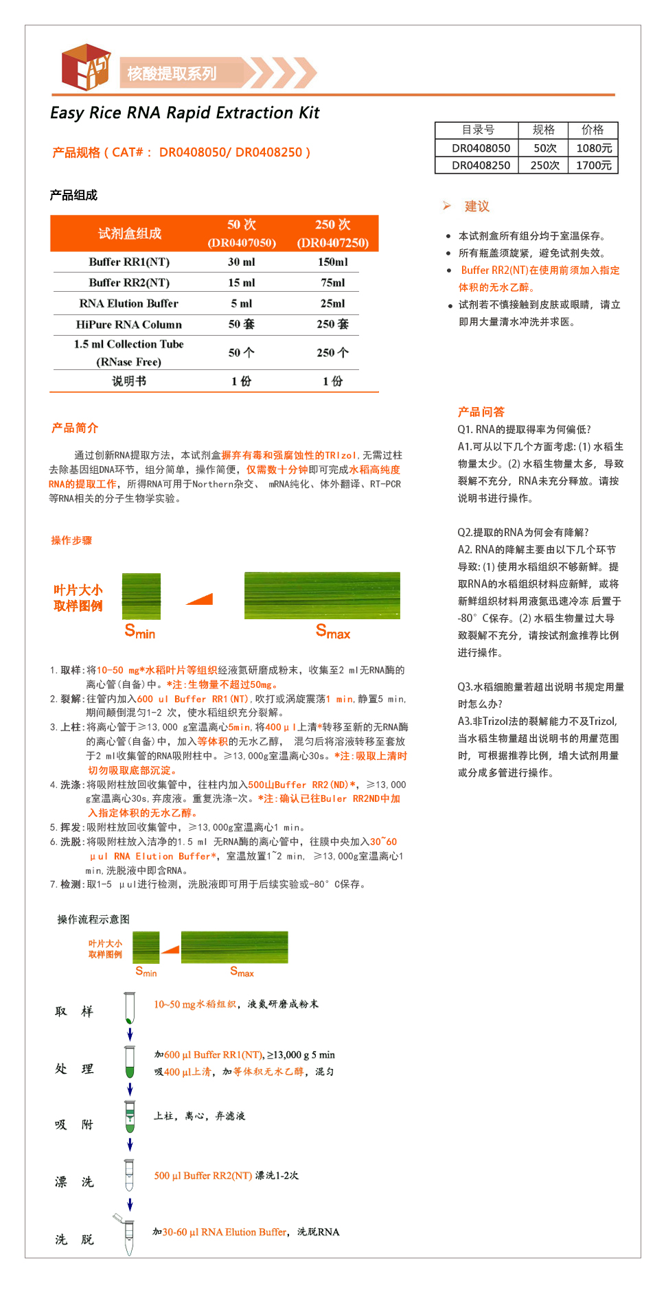 Easy Rice RNA Rapid Extration Kit (Non-TRIzol method) 水稻RNA快速提取试剂盒（非 ...